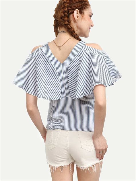 Top Rayas Volantes Hombro Abierto Azul Spanish SheIn Sheinside