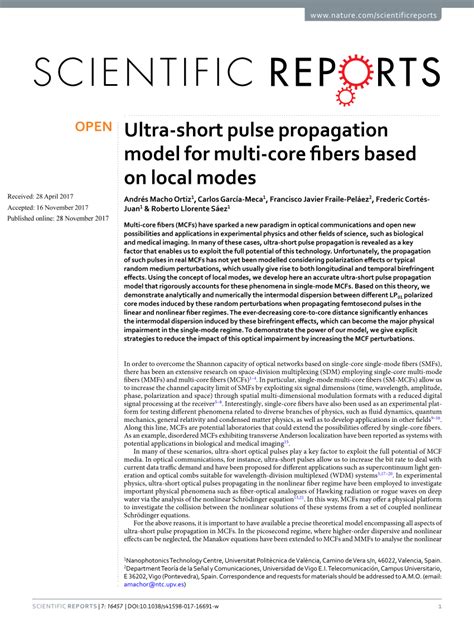 Pdf Ultra Short Pulse Propagation Model For Multi Core Fibers Based On Local Modes Open