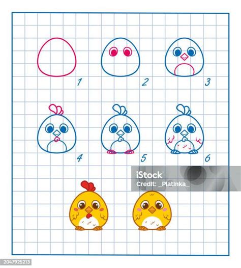 병아리를 그리는 방법 아이들을위한 단계별 수업 만화 벡터 일러스트 레이 션 0명에 대한 스톡 벡터 아트 및 기타 이미지 0명
