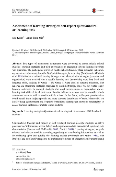 Pdf Assessment Of Learning Strategies Self Report Questionnaire Or Learning Task