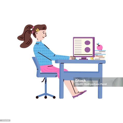 귀여운 소녀 테이블에 앉아 공부 만화 벡터 일러스트 레이션 고립 책상에 대한 스톡 벡터 아트 및 기타 이미지 책상 가정
