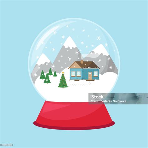 집 눈 표류 및 산 내부의 스노우 글로브 귀여운 장난감 겨울 새해와 크리스마스의 상징 파란색 배경에 격리 된 평평한 스타일로 그림 0명에 대한 스톡 벡터 아트 및 기타