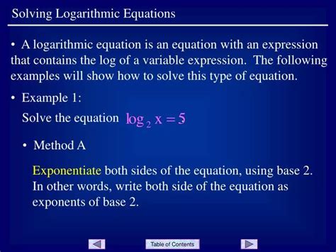 Ppt Solving Logarithmic Equations Powerpoint Presentation Free
