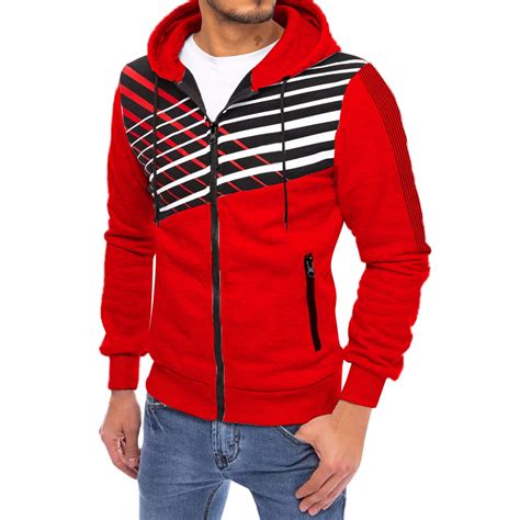 Red Sweatshirt Mens Stitching Striped Sports Zipper Sweatshirt Hooded