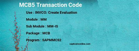 MCB5 SAP Tcode For INVCO Create Evaluation