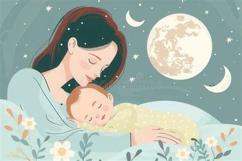 A Mother Lovingly Cradles Her Sleeping Baby Under A Serene Night Sky Creating A Peaceful And