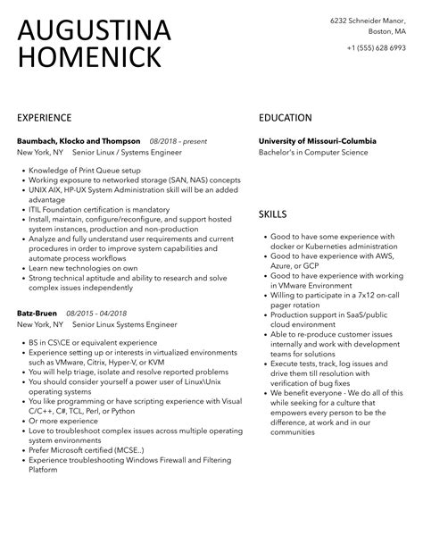 Senior Linux Systems Engineer Resume Samples Velvet Jobs