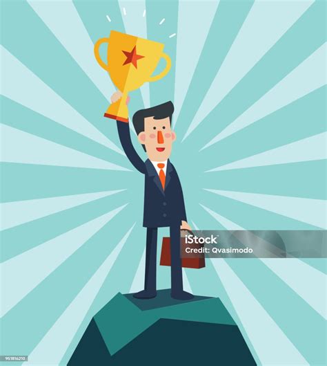 성공 미소 행복 한 젊은 사업가 산 꼭대기에 서 서 하 고 우승 트로피를 들고 1위에 대한 스톡 벡터 아트 및 기타 이미지