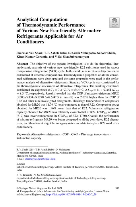 Pdf Analytical Computation Of Thermodynamic Performance Of Various New Eco Friendly