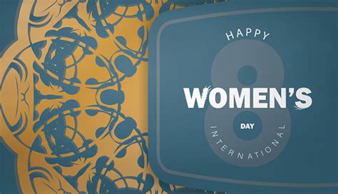 엽서 템플릿 8 행진 국제 여성의 날 블루 컬러와 겨울 골드 패턴 International Womens Day에 대한 스톡 벡터