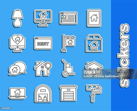 세트 라인 페인트 롤러 브러시 집 집과 골판지 상자 교수형 표지판 텍스트 온라인 판매 임대 모니터 하트 모양 테이블 램프 및 아이콘 벡터 구매에 대한 스톡 벡터 아트 및