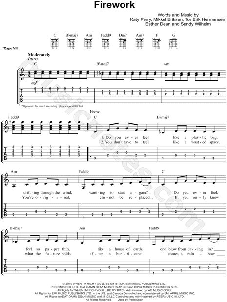 Katy Perry Firework Guitar Tab In C Major Download And Print Sku