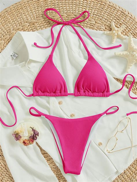 Rosa Fucsia Sexy Collar Liso Embellished Elástico Alto Ropa De Playa