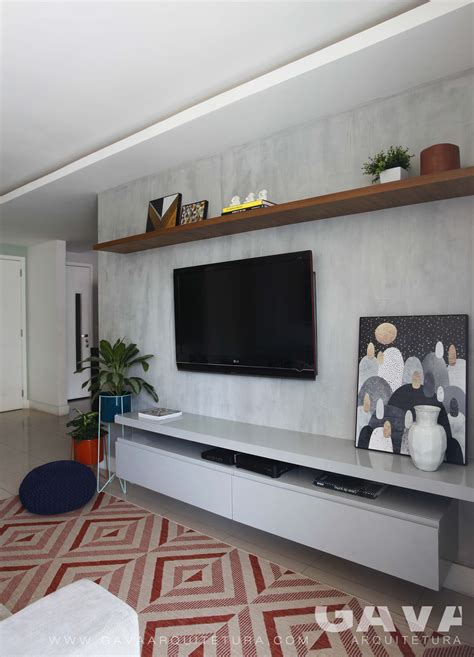 Apartamento Alugado Parede Da Tv Em Cimento Queimado Compondo Com
