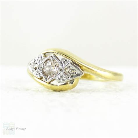 Antique Diamond Three Stone Engagement Ring Trilogy Style Bypass
