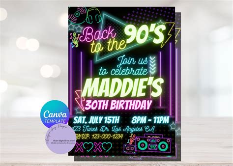 Editable 90s Neon Party 90s Birthday Invitation 90s Partycolorful