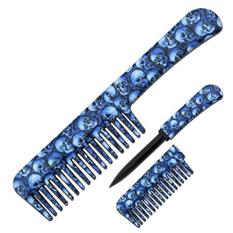 Self Defense Brush Comb With Hidden Knife Toxic Skulls Blu
