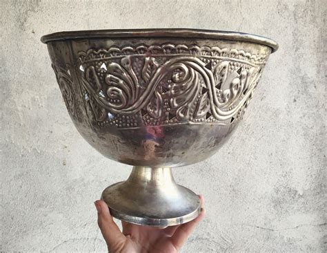 Silver Metal Pedestal Fruit Bowl Made In India Rustic Decor India