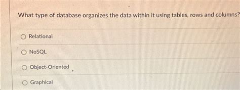 Solved What Type Of Database Organizes The Data Within It