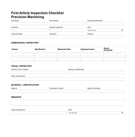 Comprehensive First Article Inspection Document Template For