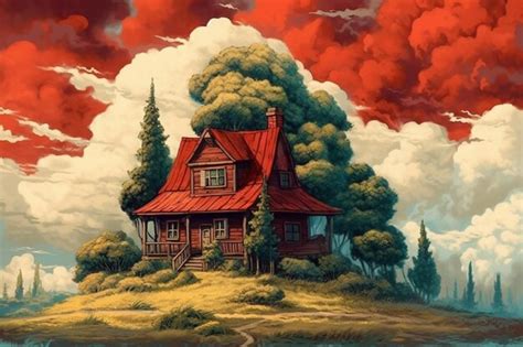 Premium AI Image Painting Of A House On A Small Island With A Red Roof Generative Ai
