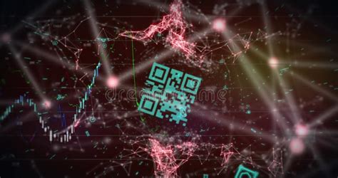 image of flickering qr code over network of connections and neon lights