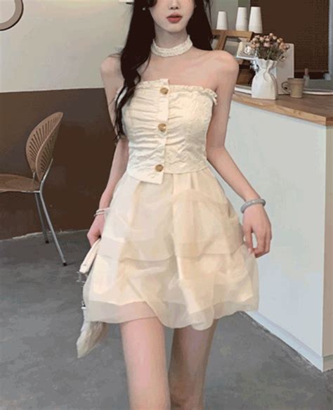 프렌치 공주풍 쉬폰원피스 하이웨스트 튜브탑원피스 페어리 요정 키작녀 미니원피스 시스루 메쉬 캉캉 샤스커트 레이스 언발 튜브탑