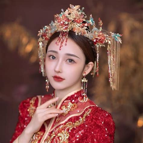 大氣古典琉璃中式婚禮鳳冠 髮簪 古風發飾 敬酒服新娘髮飾 古著頭飾 漢服髮飾 步搖流蘇配飾品 髮簪 古著髮飾 頭飾套裝 蝦皮購物