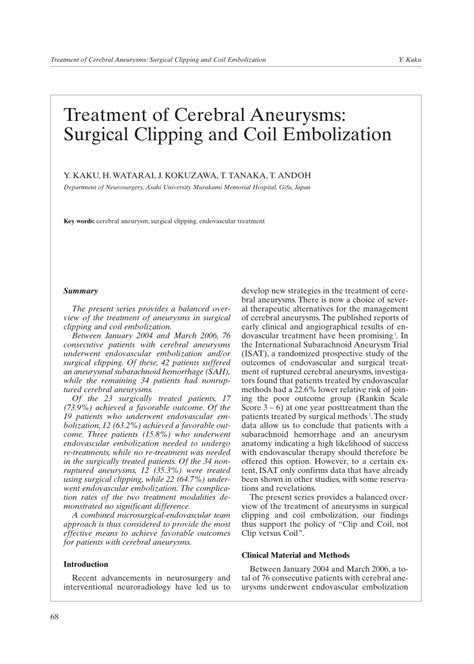 Pdf Treatment Of Cerebral Aneurysms Surgical Clipping And Coil Embolization
