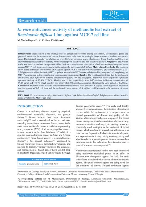 Pdf In Vitro Anticancer Activity Of Methanolic Leaf Extract Of
