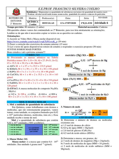 Roteiro De Estudos Química 1º Eja 13 A 17 07 Pdf Mol Unidade