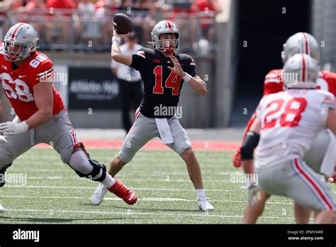 Ohio State Quarterback Tristan Gebbia Throws A Pass During Their Spring