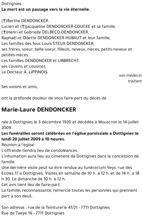 Avis De Décès De Marie Laure Dendoncker Décédé Le 14072009 à Mouscron