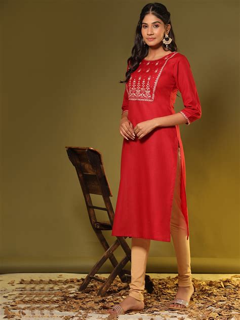 Buy Vbuyz Women Red Ethnic Motifs Yoke Design Thread Work Kurta