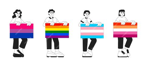 Счастливые люди держат флаги гордости лгбт монохромная концепция