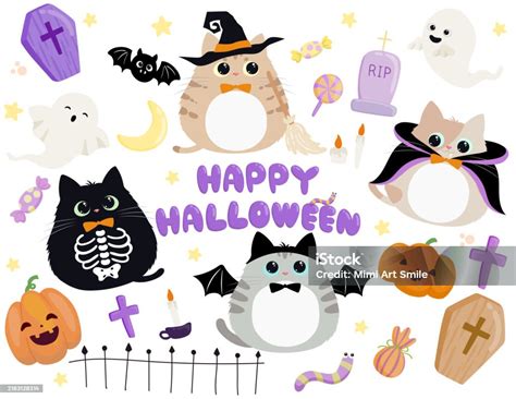 귀여운 새끼 고양이 할로윈 의상 벡터 일러스트 레이 션 다양한 의상을 입은 고양이 뱀파이어 해골 마녀 호박 박쥐 고립된 플랫 스타일의 디자인으로 트릭 오어 트릿 귀여운에