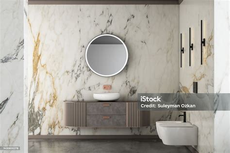 현대 고급 욕실 흰색 대리석 벽 욕조 콘크리트 바닥 실내 식물 화장실 비데 정면 전망 현대적인 가구와 창문이있는 아름다운 객실입니다 3d 렌더링 0명에 대한 스톡 사진 및