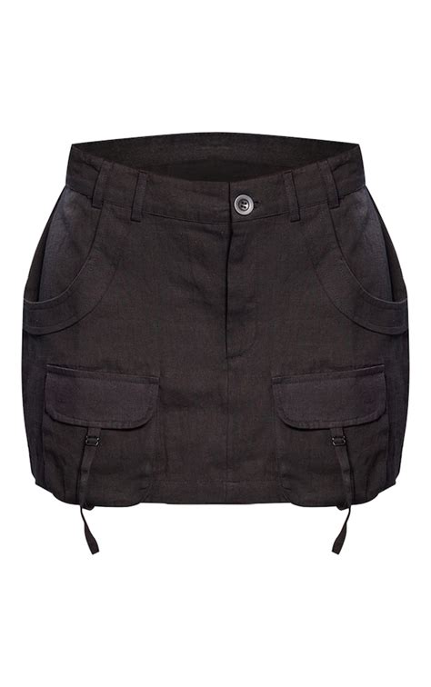 Black Linen Look Cargo Pocket Micro Mini Skirt Bottoms