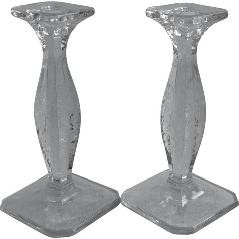Vintage Etched Glass Tall Candlesticks Pair Flowers Heavy Handsome From
