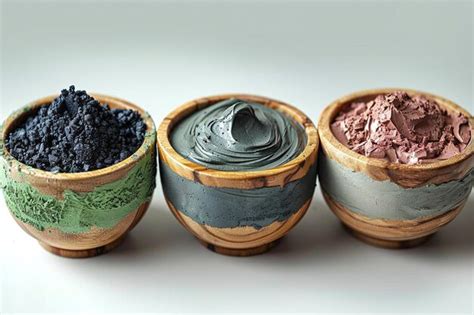 Three Bowls Of Face Mud And Clay In Natural Wood Containers Premium