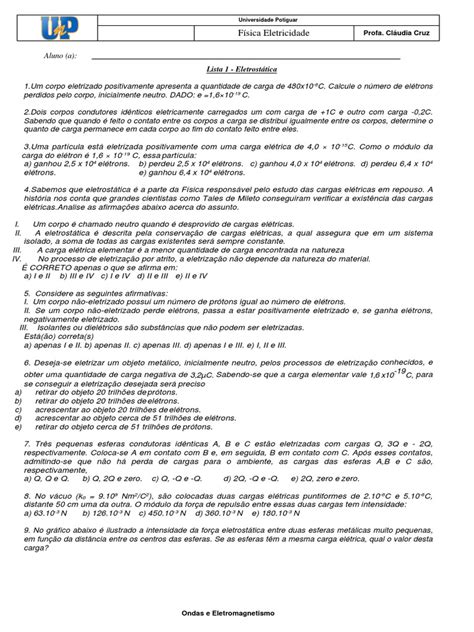 Lista De Eletrostatica Atualizada Pdf Carga Elétrica Eletrostática