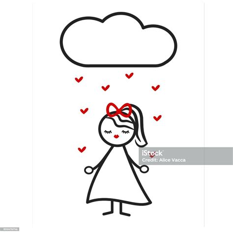 귀여운 사랑 스러운 블랙 화이트 레드 스틱 그림 소녀와 구름 방울 마음 개념 벡터 일러스트 레이 션 개념에 대한 스톡 벡터 아트 및 기타 이미지 Istock