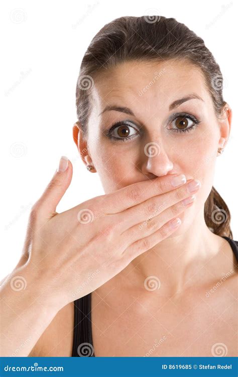 Woman Holding Hand Over Mouth Stock Image Image Of Holding Single