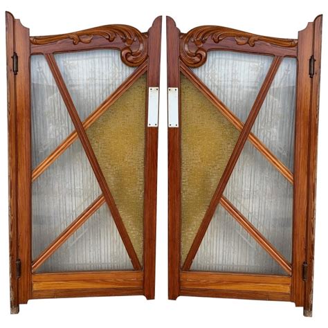 French Antique Pine And Stained Glass Swinging Pub Or Saloon Doors For