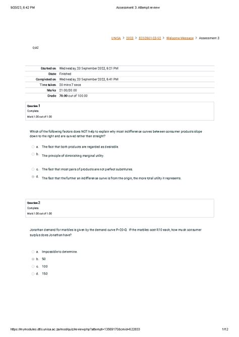 ECS2601 Assessment 3 Attempt Review UNISA 2023 ECS2601 23 S2 Welcome Message Assessment 3