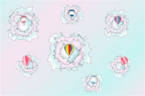 뜨거운 공기 풍선 사업과 수송 개념으로 파스텔 하늘 레이어 배경 종이 컷 예술과 공예 스타일입니다 벡터 일러스트 레이 션 공예에 대한 스톡 벡터 아트 및 기타 이미지
