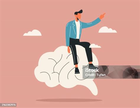 뇌 지능 창의적 사고 혁신 개념 비즈니스 비전 아이디어 생성 인지 능력 뇌에 앉아있는 남자 일러스트 전기 연료 및 전력 생산에