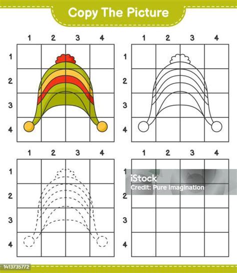 사진을 복사하고 그리드 라인을 사용하여 Hat의 그림을 복사하십시오 교육 어린이 게임 인쇄 가능한 워크 시트 벡터 일러스트 레이 션 0명에 대한 스톡 벡터 아트 및 기타