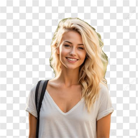 A Blonde Woman With White Shirt And Black Strap On Her Shoulder A