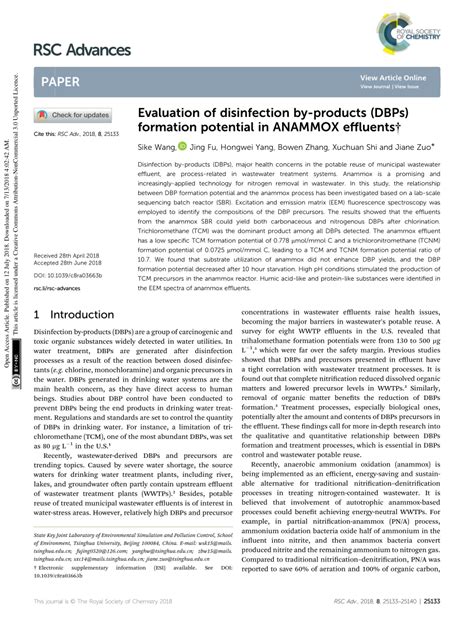 Pdf Evaluation Of Disinfection By Products Dbps Formation Potential In Anammox Effluents